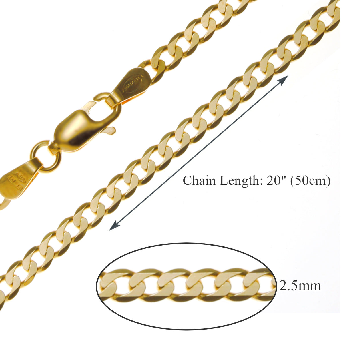 20" Solid 9ct Gold Chain Curb Chain Necklace - 2.5mm - Yellow Gold Nec ...